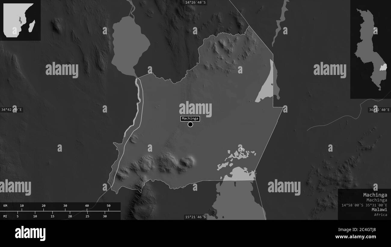 Machinga, district of Malawi. Grayscaled map with lakes and rivers ...