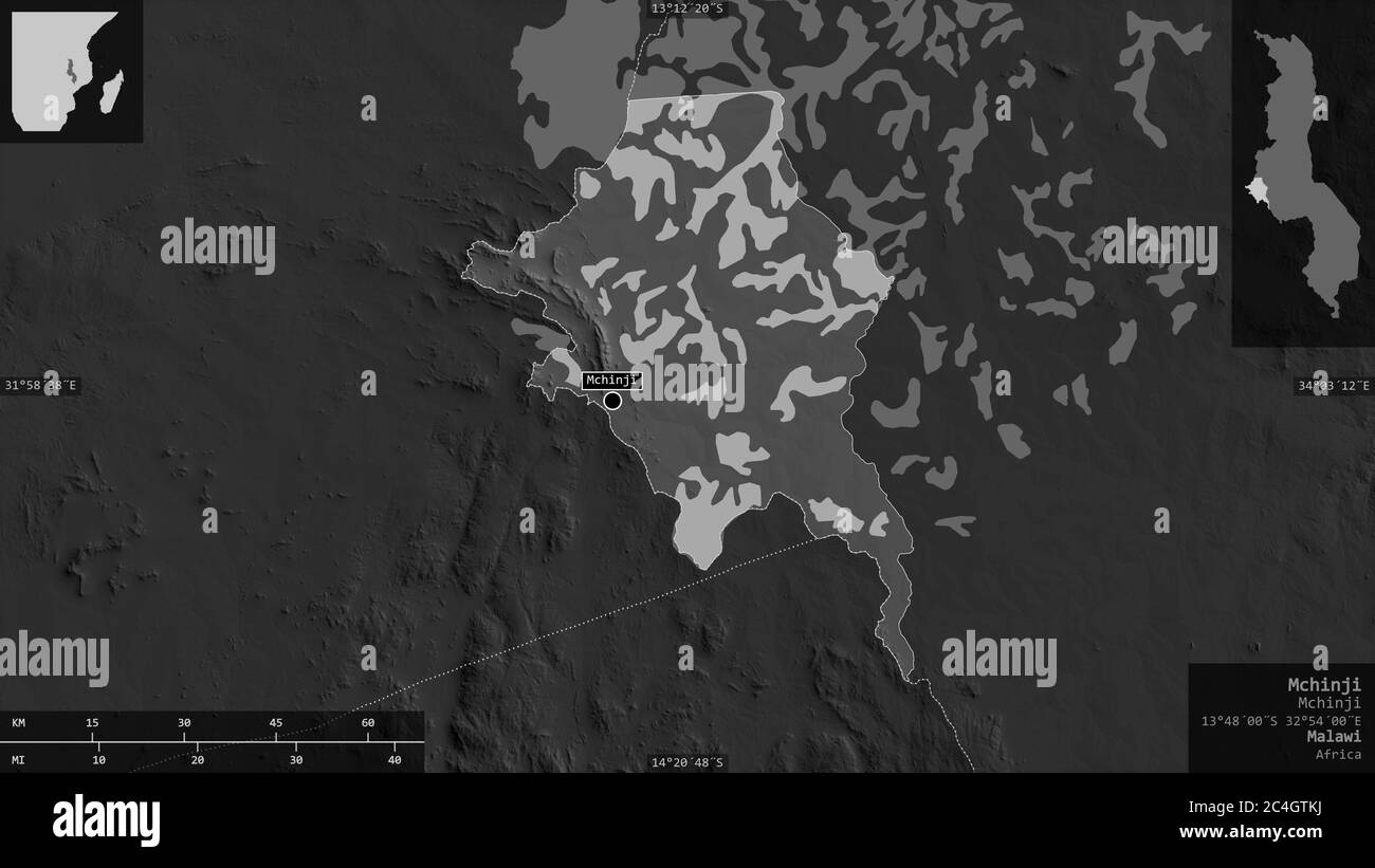 Mchinji, district of Malawi. Grayscaled map with lakes and rivers ...