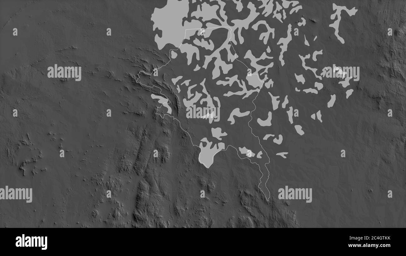 Mchinji, district of Malawi. Grayscaled map with lakes and rivers ...
