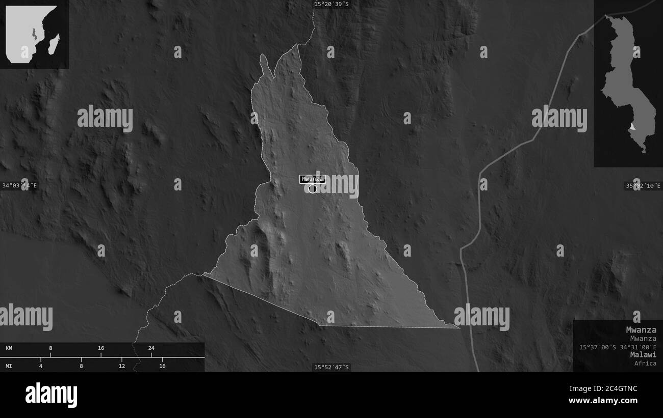 Mwanza, district of Malawi. Grayscaled map with lakes and rivers. Shape ...