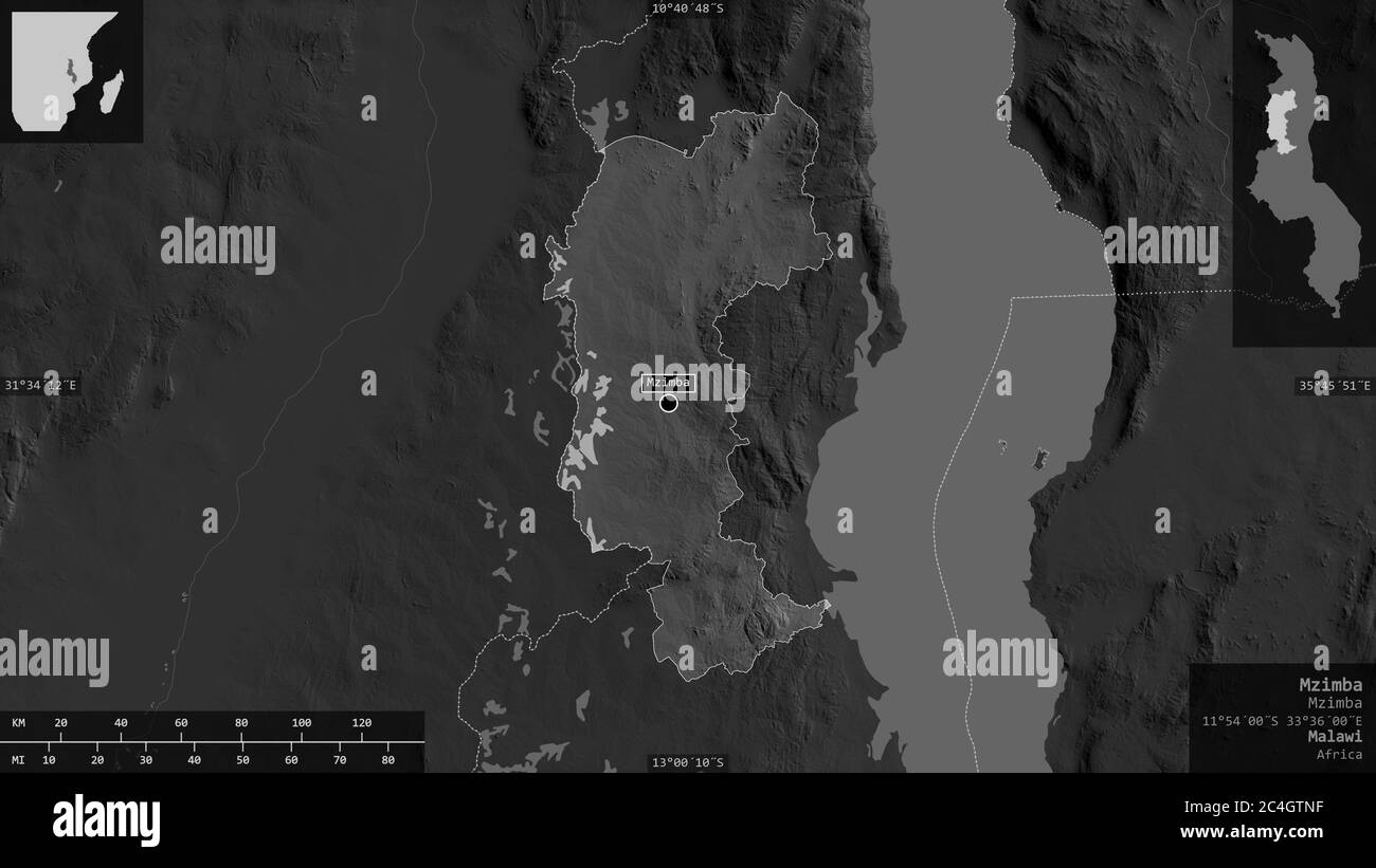 Mzimba, district of Malawi. Grayscaled map with lakes and rivers. Shape ...