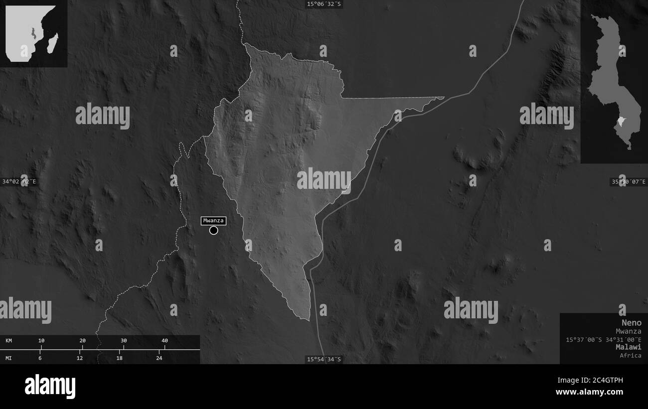 Neno, district of Malawi. Grayscaled map with lakes and rivers. Shape ...