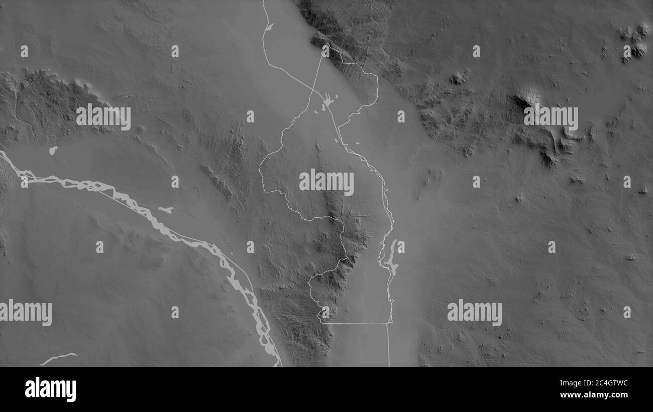 Nsanje, district of Malawi. Grayscaled map with lakes and rivers. Shape ...