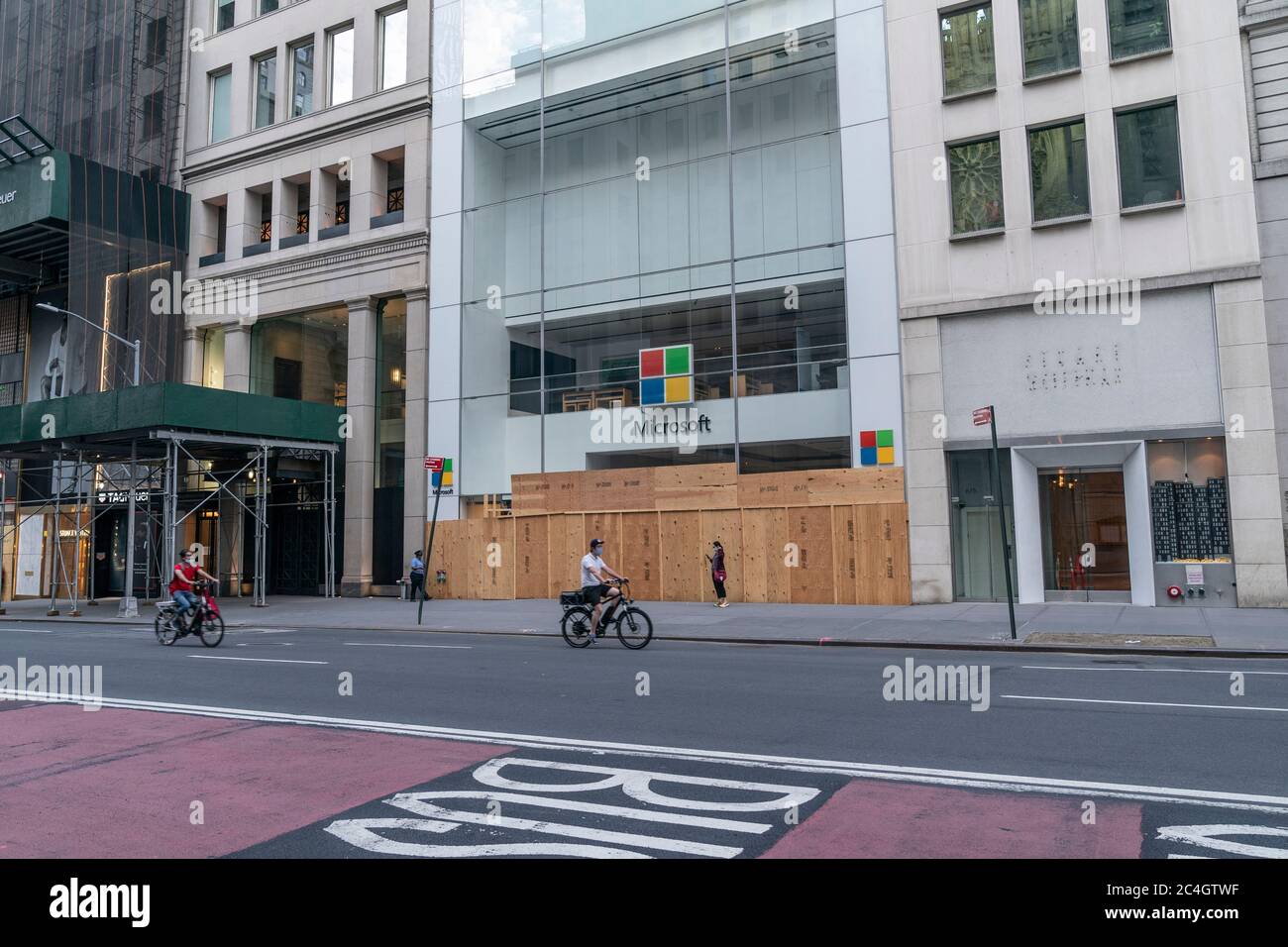 New York, NY - June 26, 2020: General view of boarded Microsoft store ...