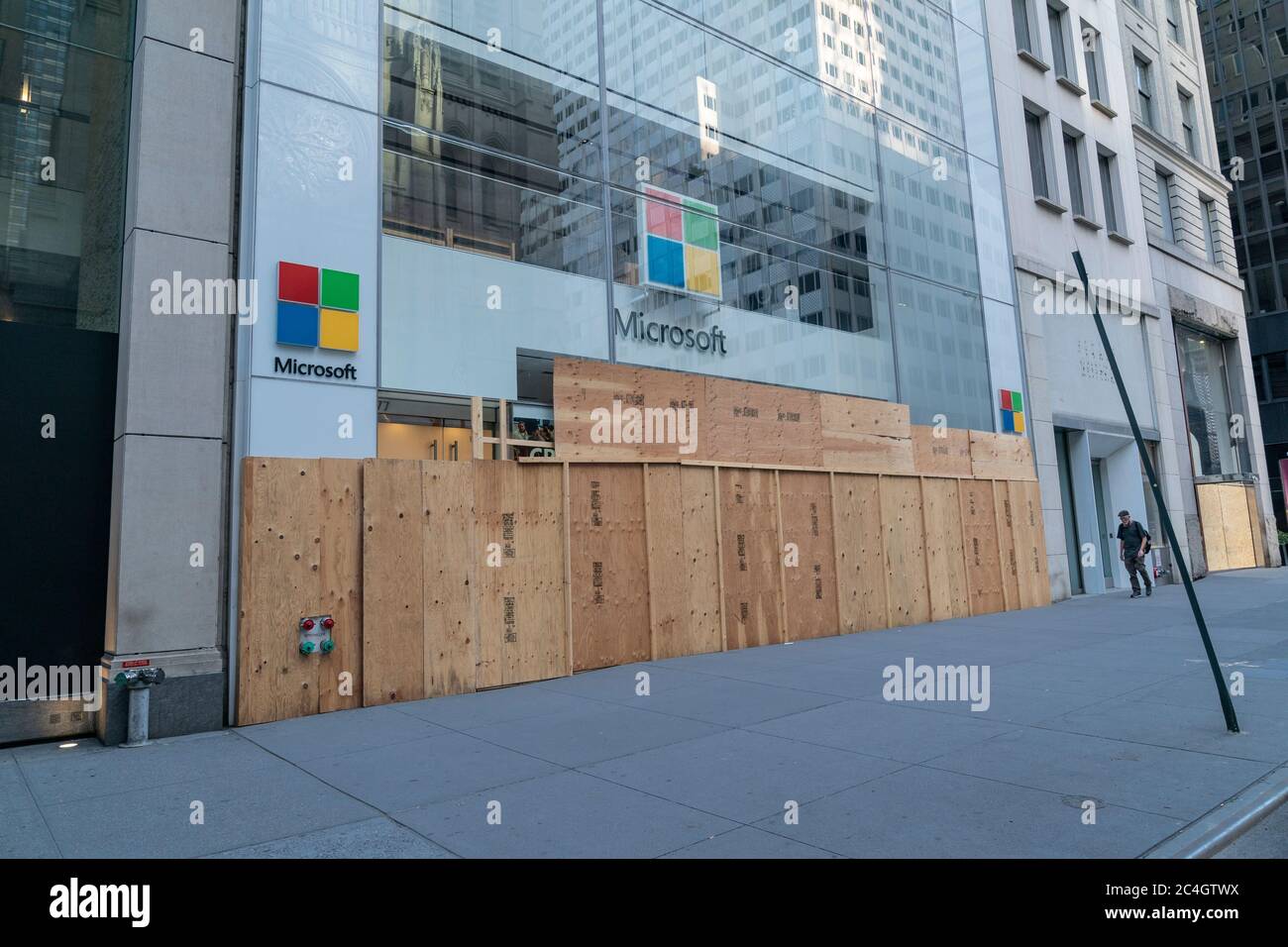 New York, NY - June 26, 2020: General view of boarded Microsoft store ...