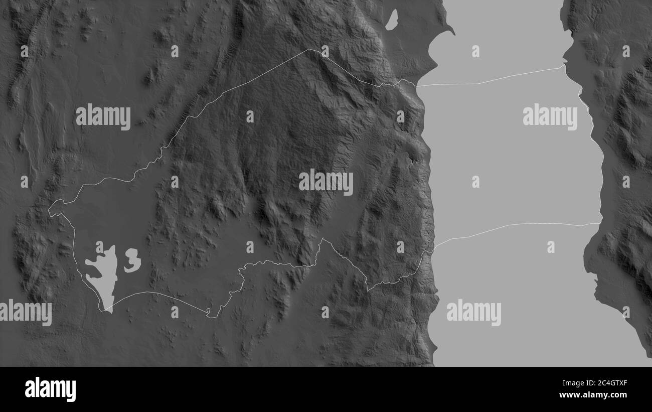 Rumphi, district of Malawi. Grayscaled map with lakes and rivers. Shape ...