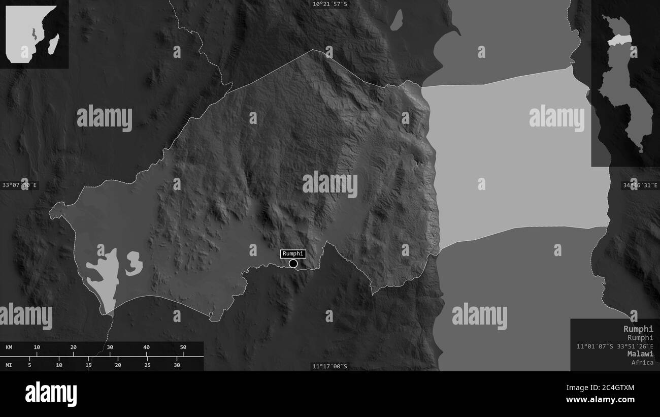 Rumphi, district of Malawi. Grayscaled map with lakes and rivers. Shape ...