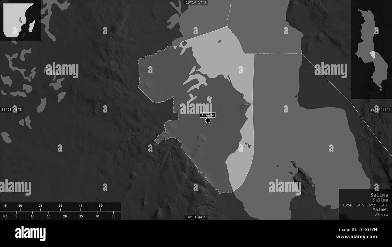 Salima, district of Malawi. Grayscaled map with lakes and rivers. Shape ...