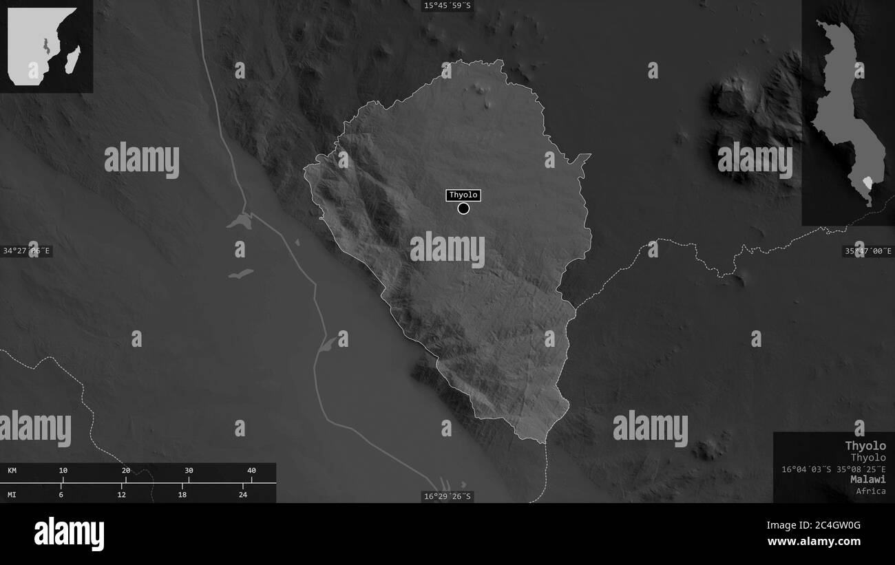 Thyolo, district of Malawi. Grayscaled map with lakes and rivers. Shape ...