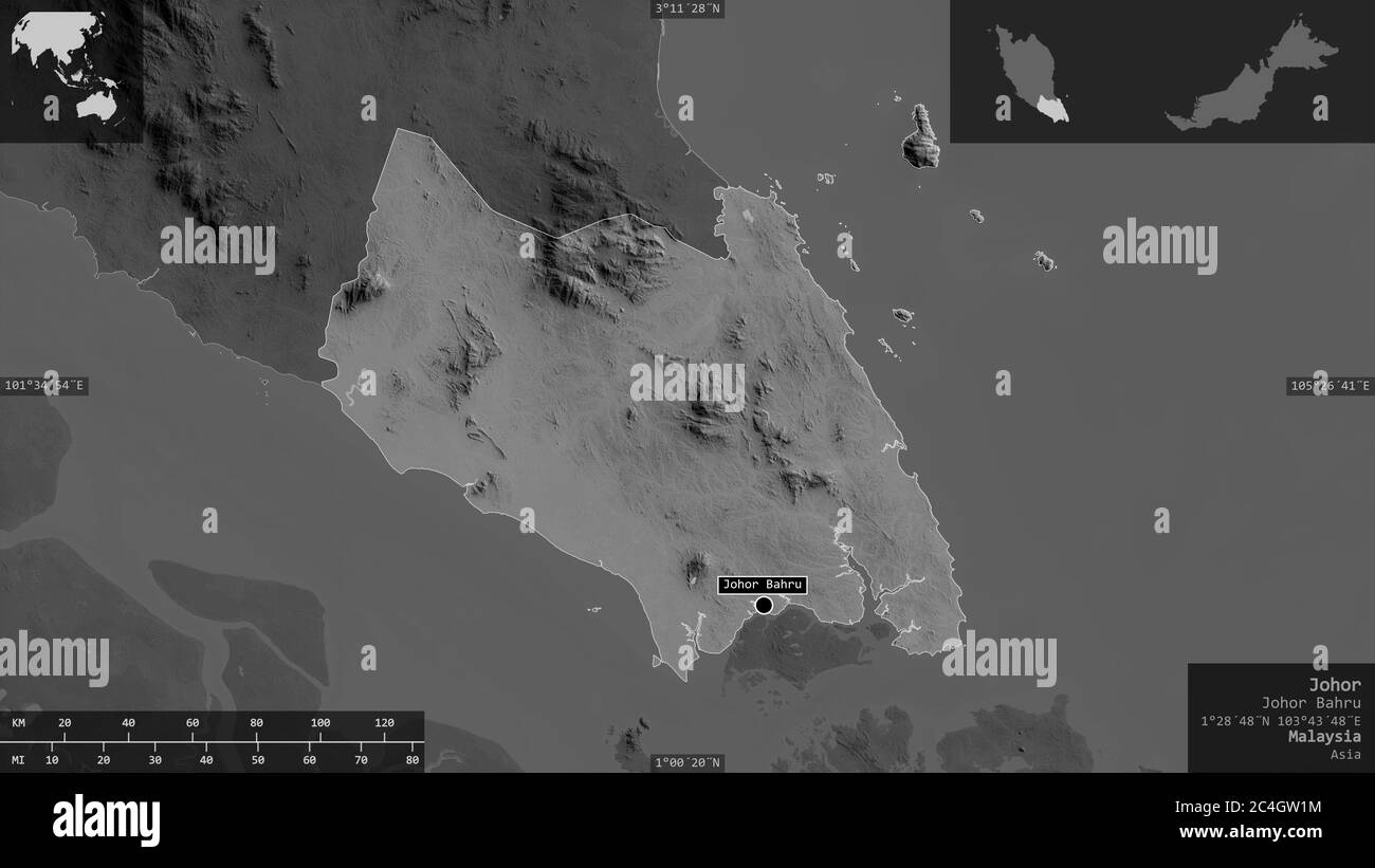Johor, state of Malaysia. Grayscaled map with lakes and rivers. Shape ...