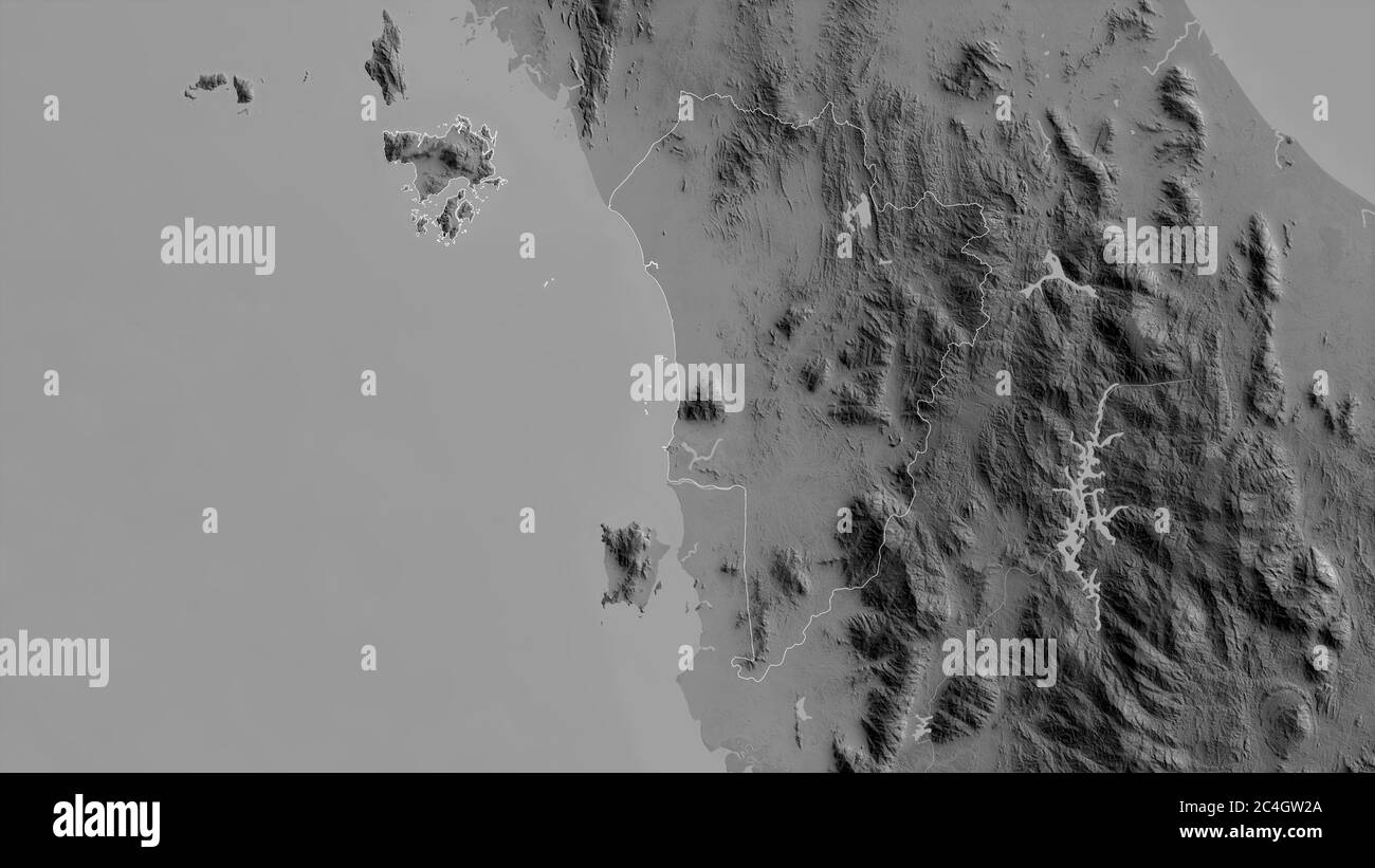 Kedah, state of Malaysia. Grayscaled map with lakes and rivers. Shape ...