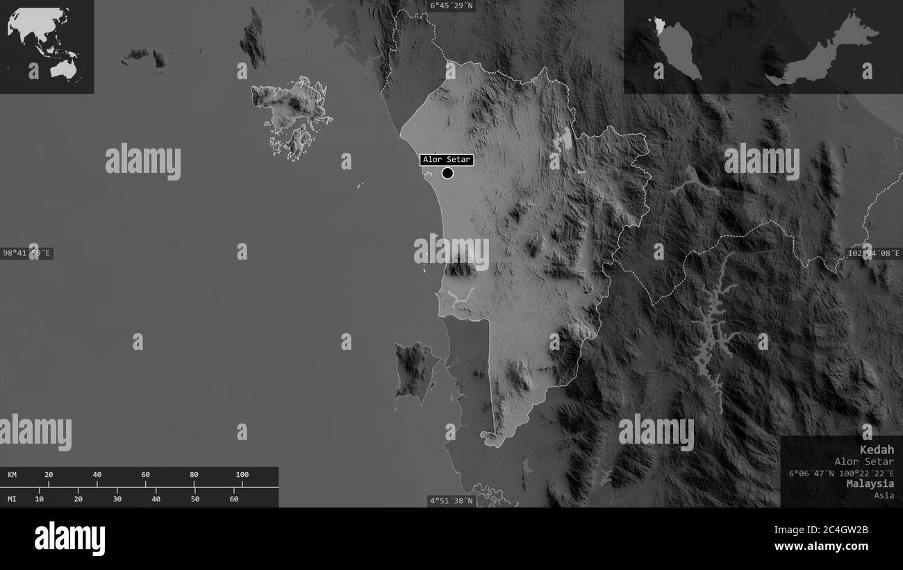 Kedah, state of Malaysia. Grayscaled map with lakes and rivers. Shape ...