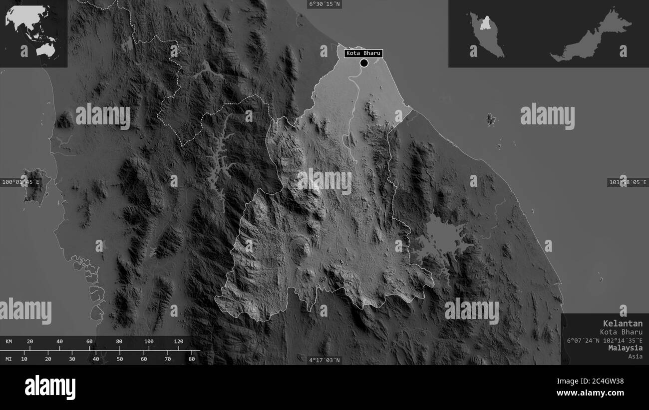 Kelantan, state of Malaysia. Grayscaled map with lakes and rivers ...