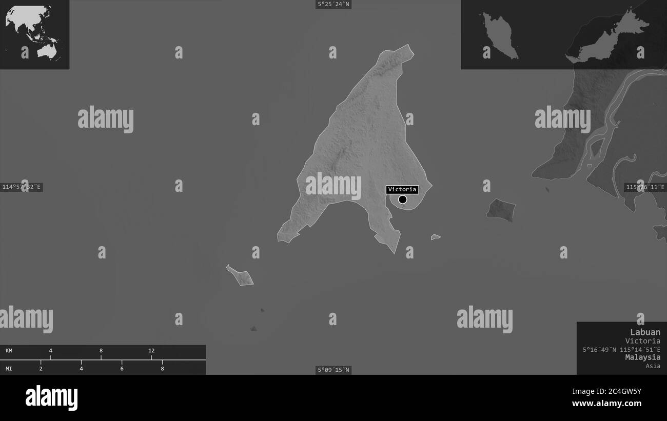Labuan, federal territory of Malaysia. Grayscaled map with lakes and ...