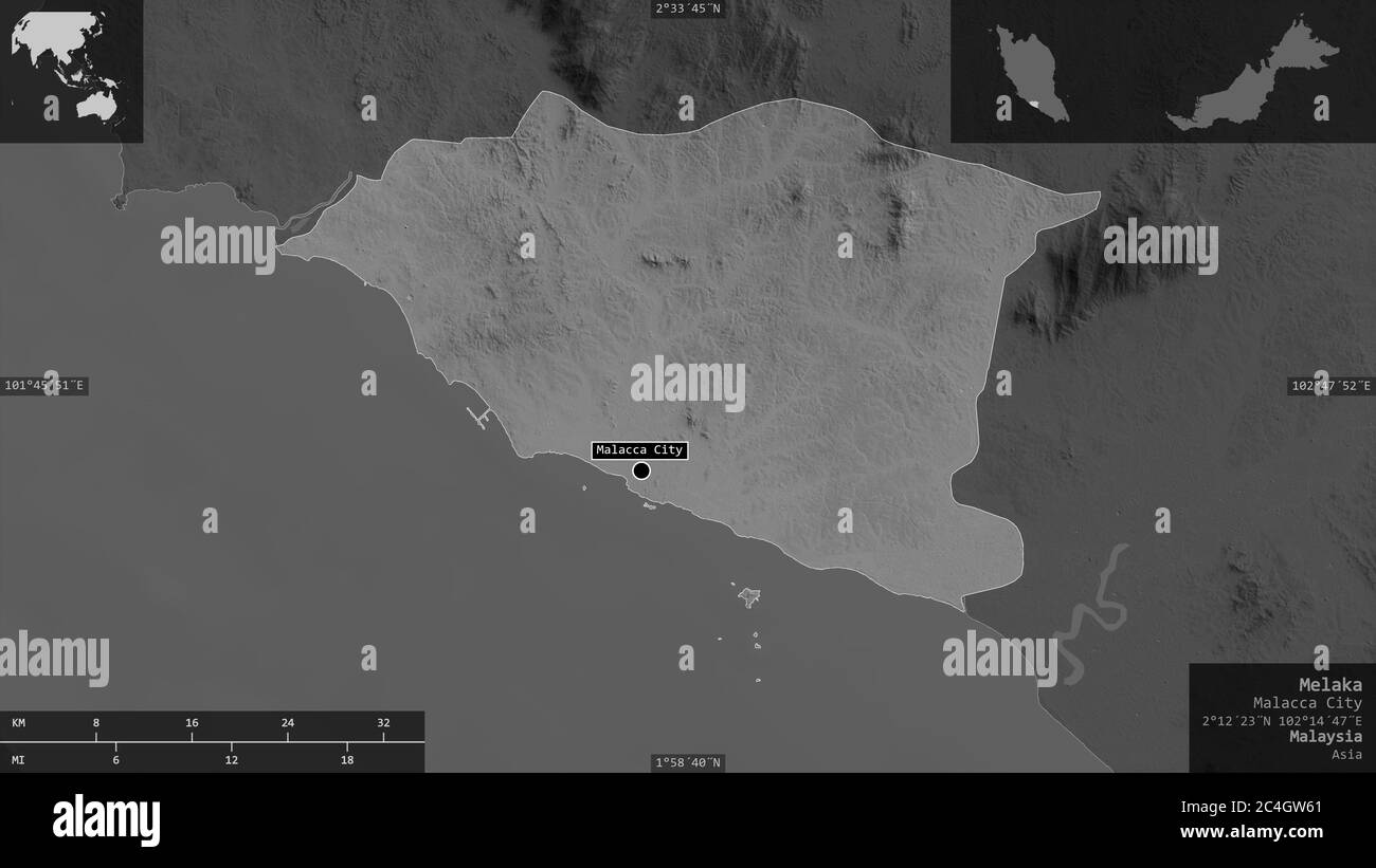 Melaka, state of Malaysia. Grayscaled map with lakes and rivers. Shape ...