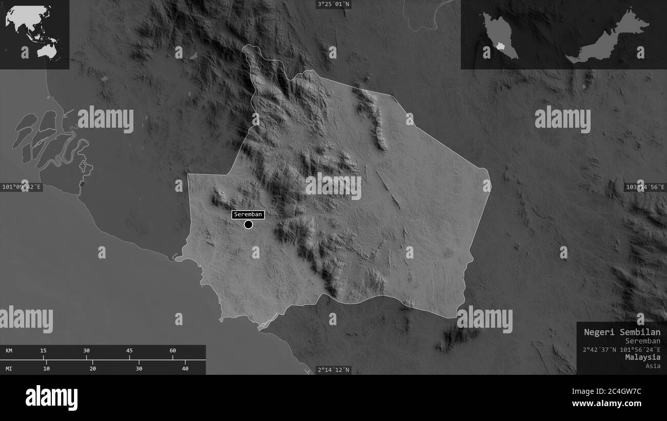 Negeri Sembilan, state of Malaysia. Grayscaled map with lakes and ...