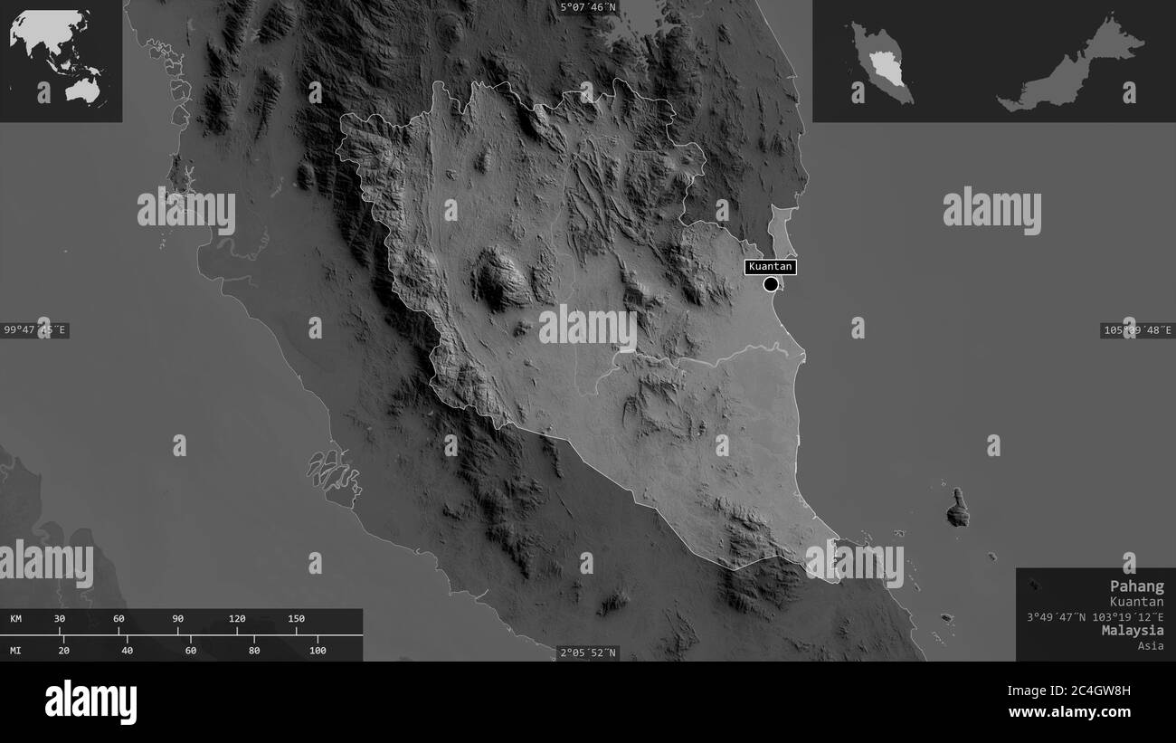 Pahang, state of Malaysia. Grayscaled map with lakes and rivers. Shape ...