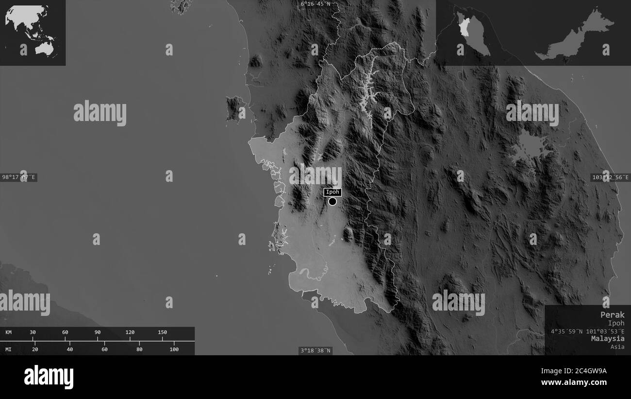 Perak, state of Malaysia. Grayscaled map with lakes and rivers. Shape ...