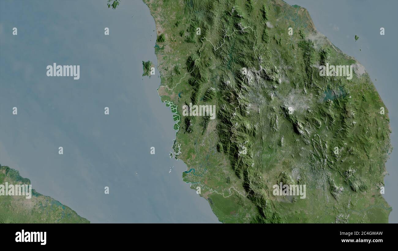 Perak, state of Malaysia. Satellite imagery. Shape outlined against its ...