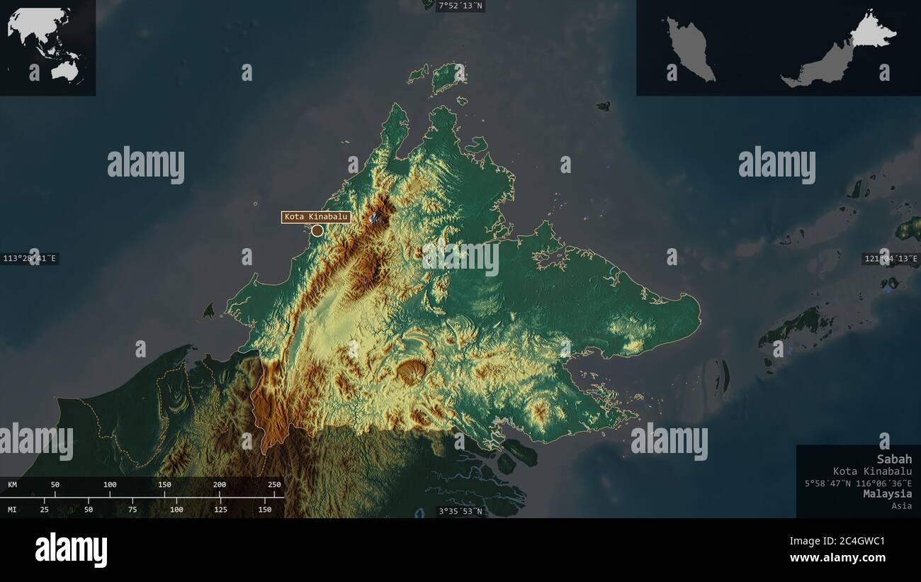 Sabah, state of Malaysia. Colored relief with lakes and rivers. Shape ...