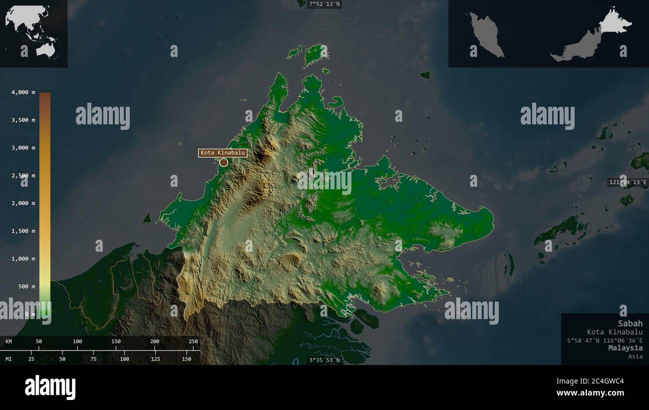 Sabah, state of Malaysia. Colored shader data with lakes and rivers ...