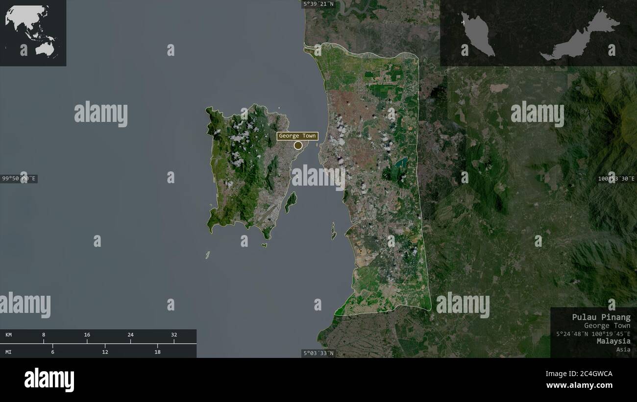 Pulau Pinang, state of Malaysia. Satellite imagery. Shape presented ...