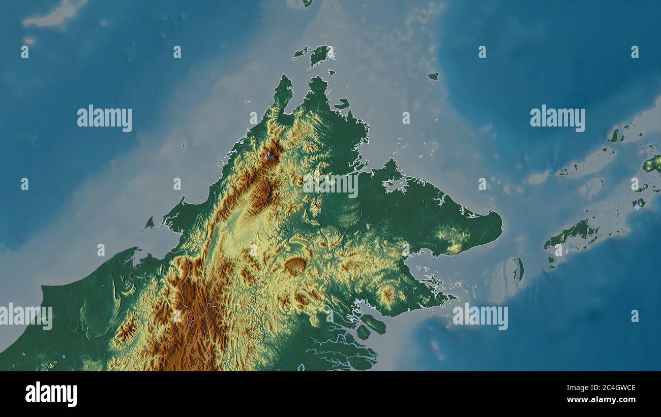 Sabah, state of Malaysia. Colored relief with lakes and rivers. Shape ...