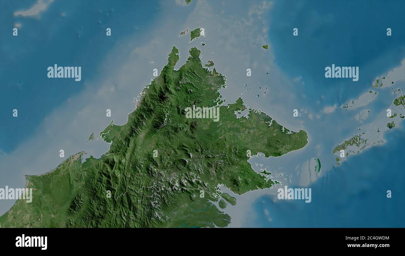 Sabah, state of Malaysia. Satellite imagery. Shape outlined against its ...