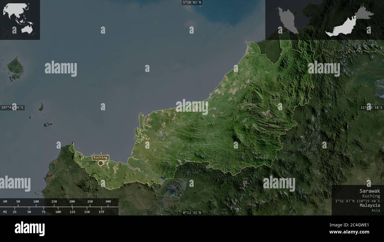 Sarawak, state of Malaysia. Satellite imagery. Shape presented against ...