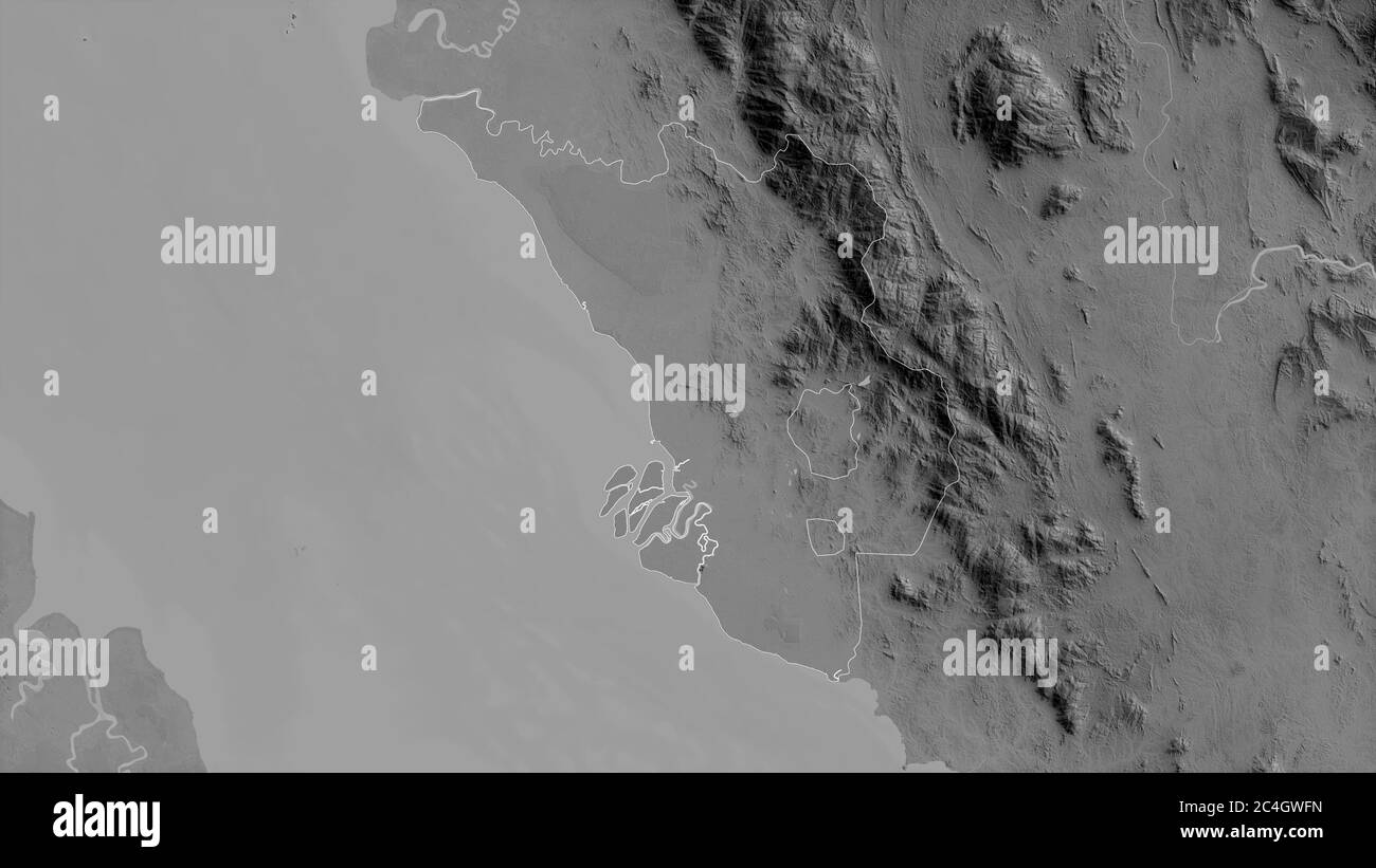 Selangor, state of Malaysia. Grayscaled map with lakes and rivers ...