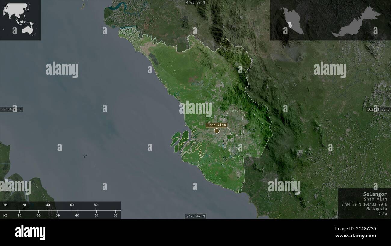 Selangor, state of Malaysia. Satellite imagery. Shape presented against ...