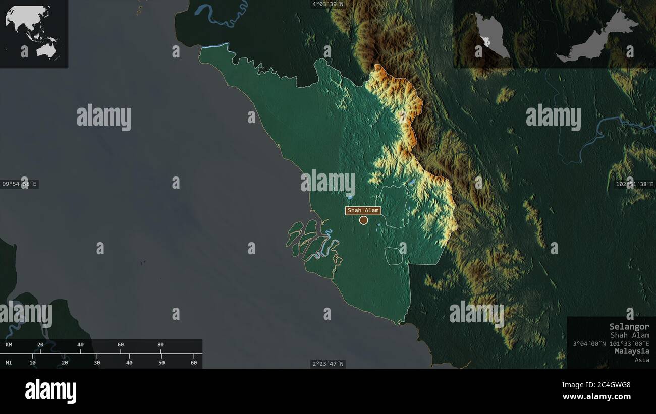 Selangor, state of Malaysia. Colored relief with lakes and rivers ...
