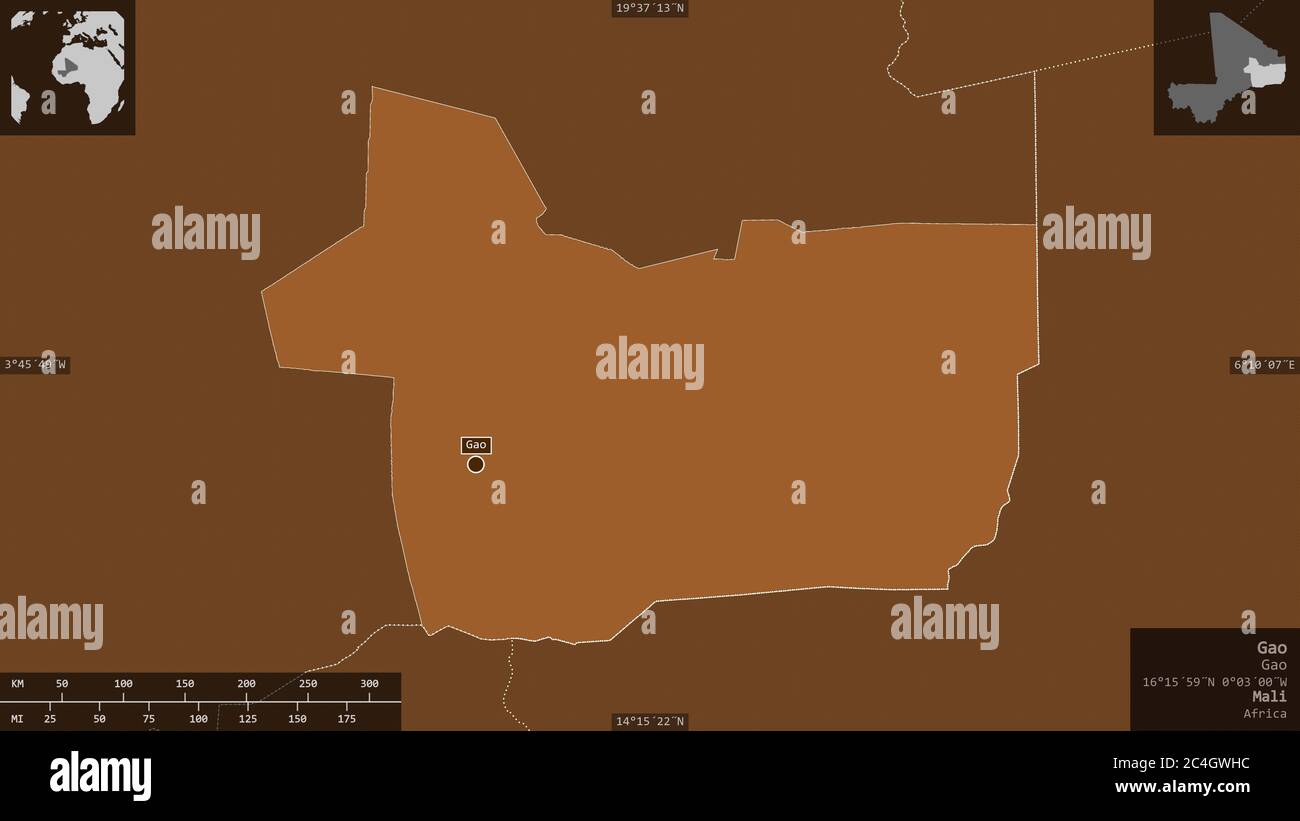 Gao, region of Mali. Patterned solids with lakes and rivers. Shape ...