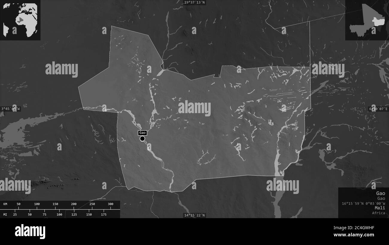 Gao, region of Mali. Grayscaled map with lakes and rivers. Shape ...