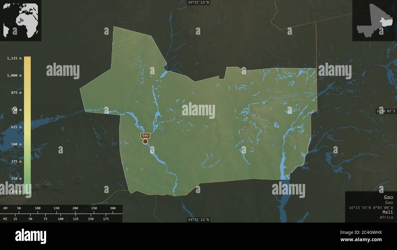 Gao, region of Mali. Colored shader data with lakes and rivers. Shape ...