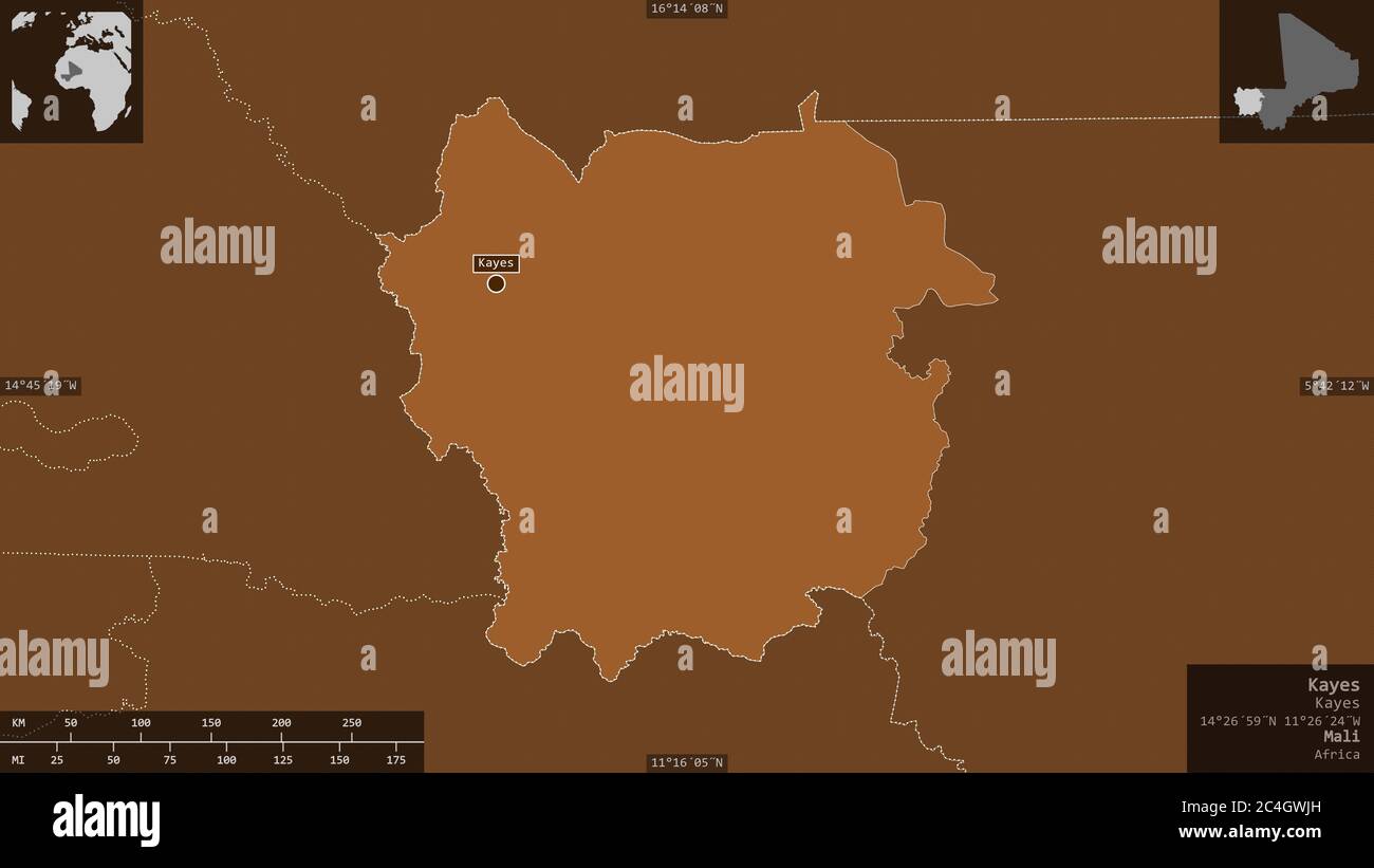 Kayes, region of Mali. Patterned solids with lakes and rivers. Shape ...