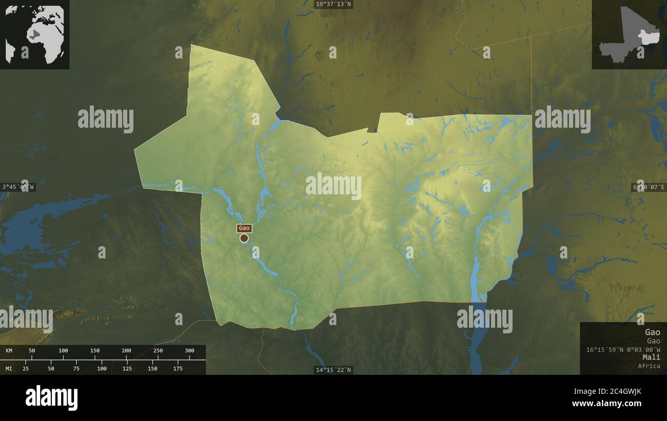 Gao, region of Mali. Colored relief with lakes and rivers. Shape ...