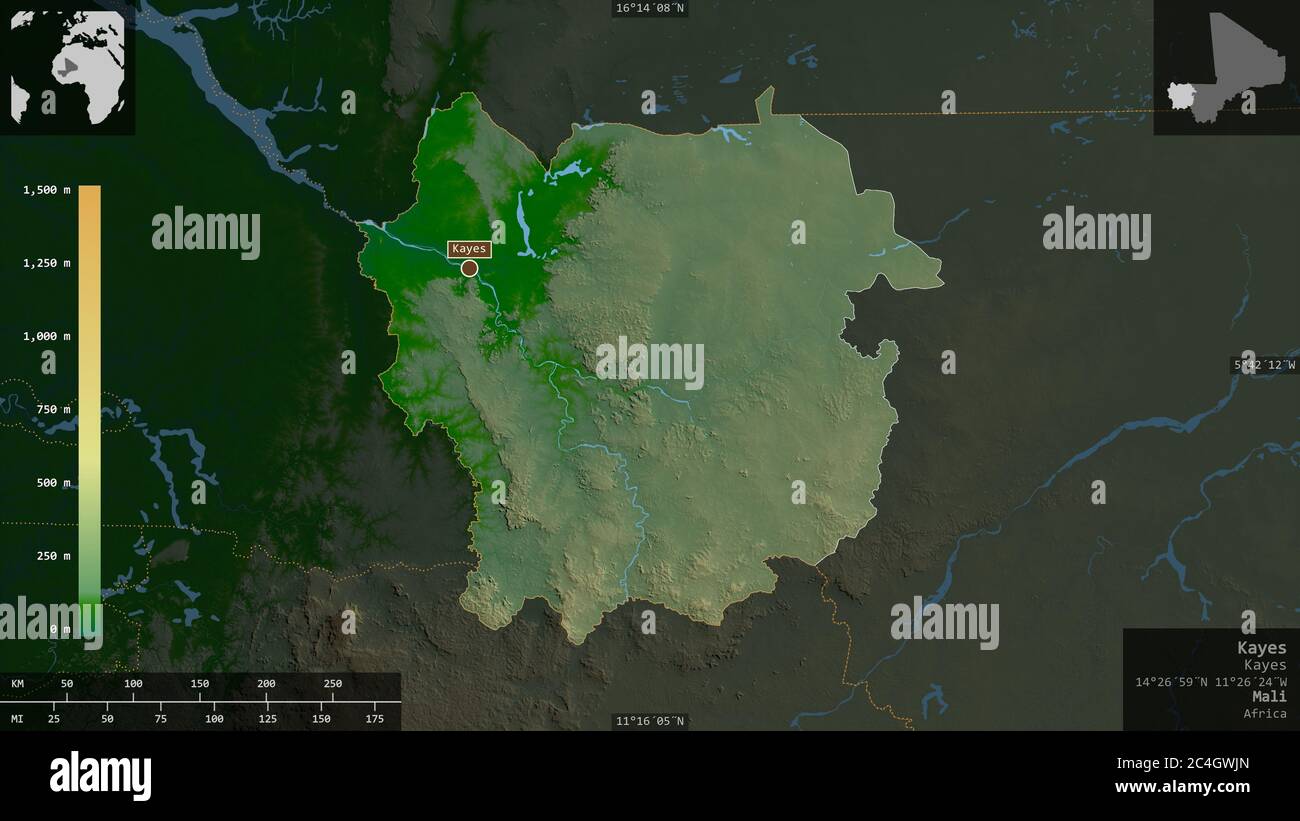 Kayes, region of Mali. Colored shader data with lakes and rivers. Shape ...