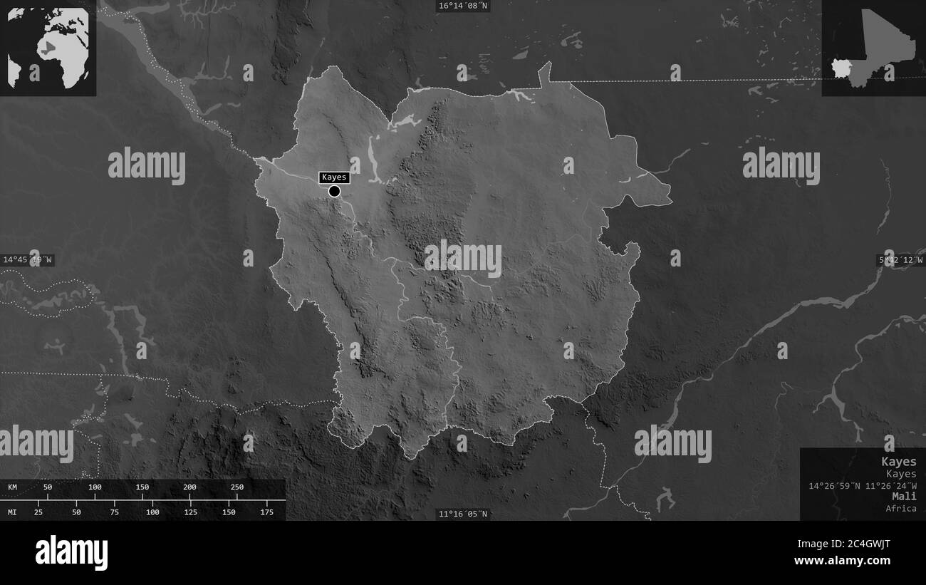 Kayes, region of Mali. Grayscaled map with lakes and rivers. Shape ...