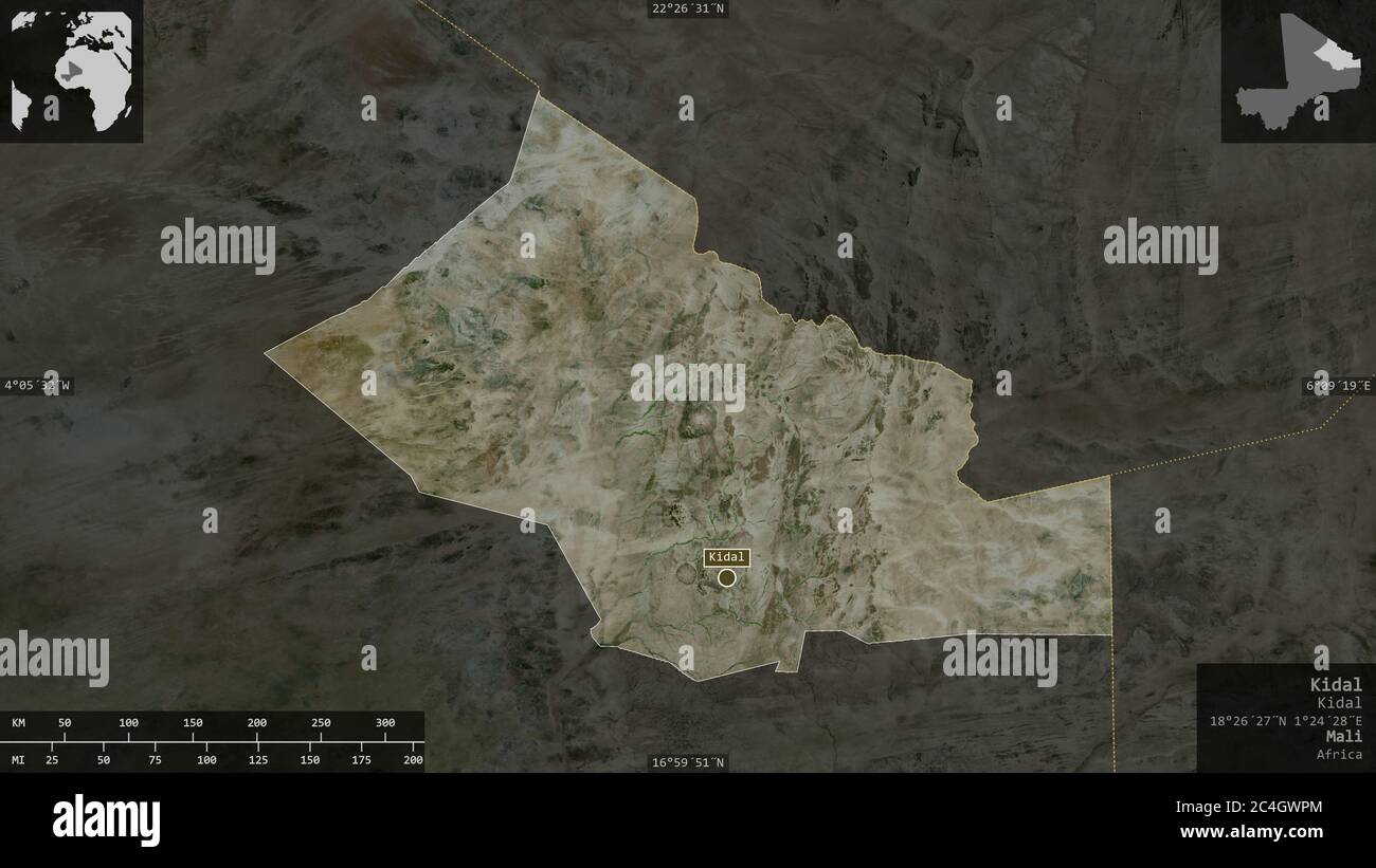 Kidal, region of Mali. Satellite imagery. Shape presented against its ...