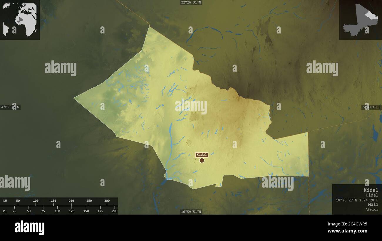 Kidal, region of Mali. Colored relief with lakes and rivers. Shape ...