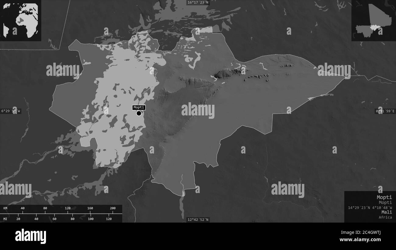 Mopti, region of Mali. Grayscaled map with lakes and rivers. Shape ...