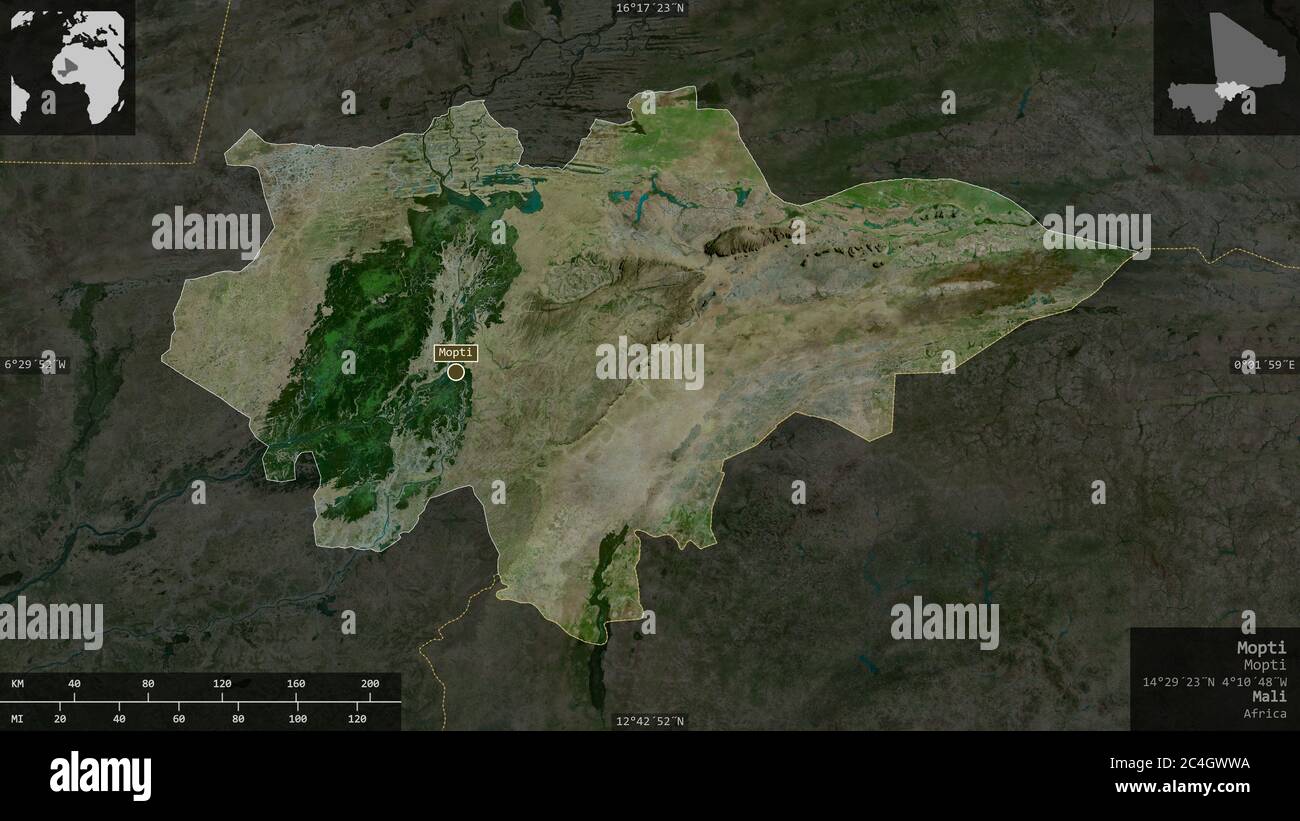 Mopti, region of Mali. Satellite imagery. Shape presented against its ...
