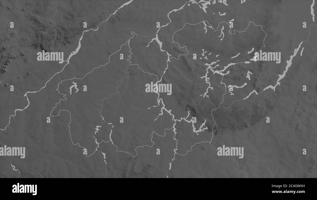 Sikasso, region of Mali. Grayscaled map with lakes and rivers. Shape ...