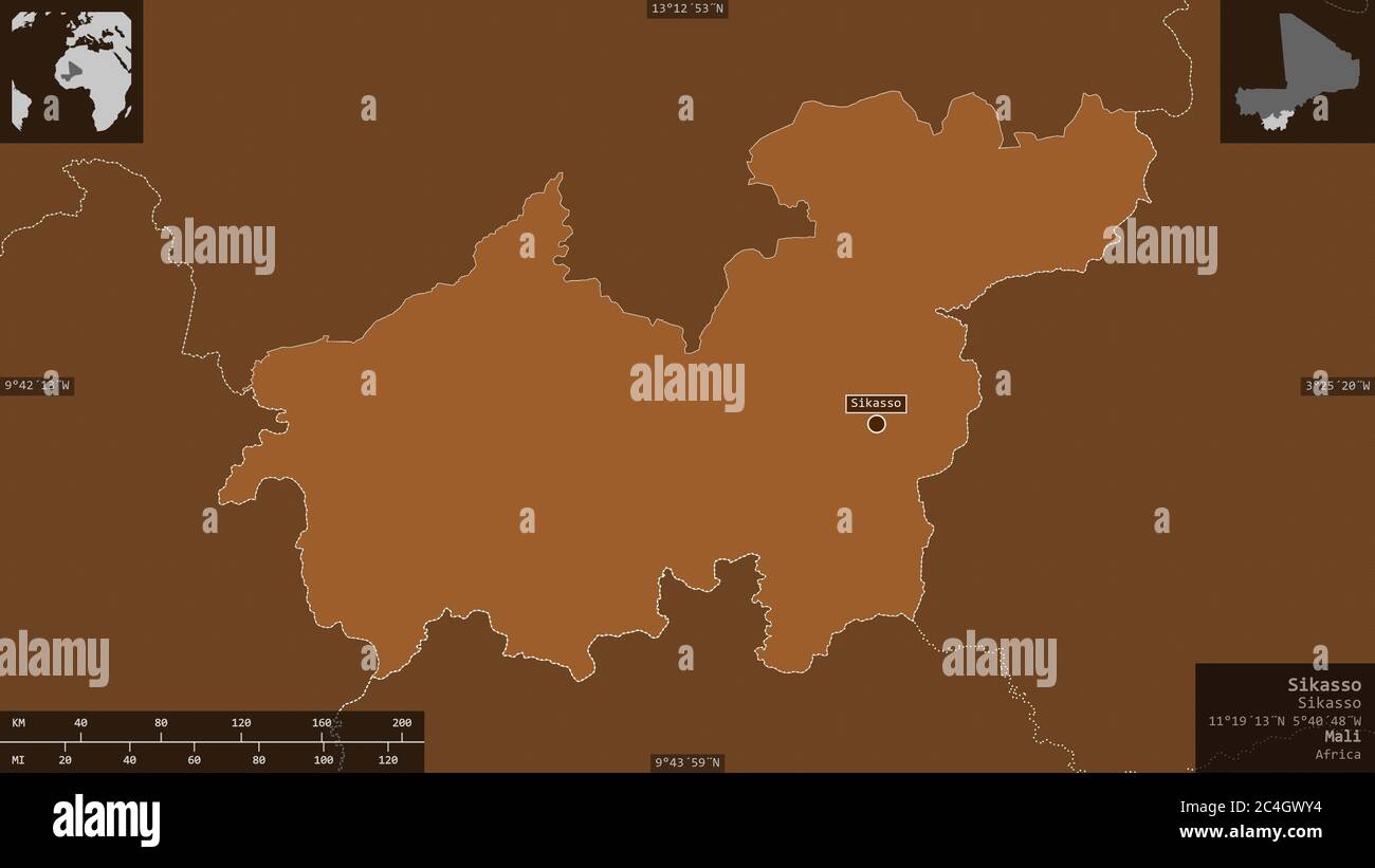 Sikasso, region of Mali. Patterned solids with lakes and rivers. Shape ...
