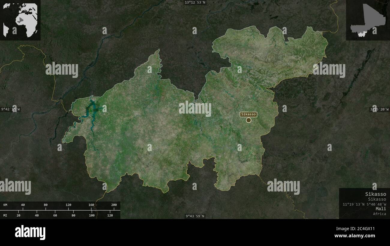Sikasso, region of Mali. Satellite imagery. Shape presented against its ...