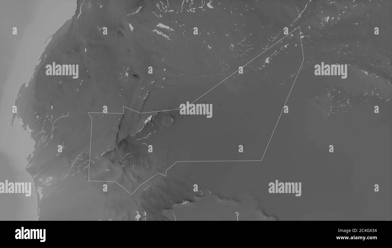Adrar, region of Mauritania. Grayscaled map with lakes and rivers ...