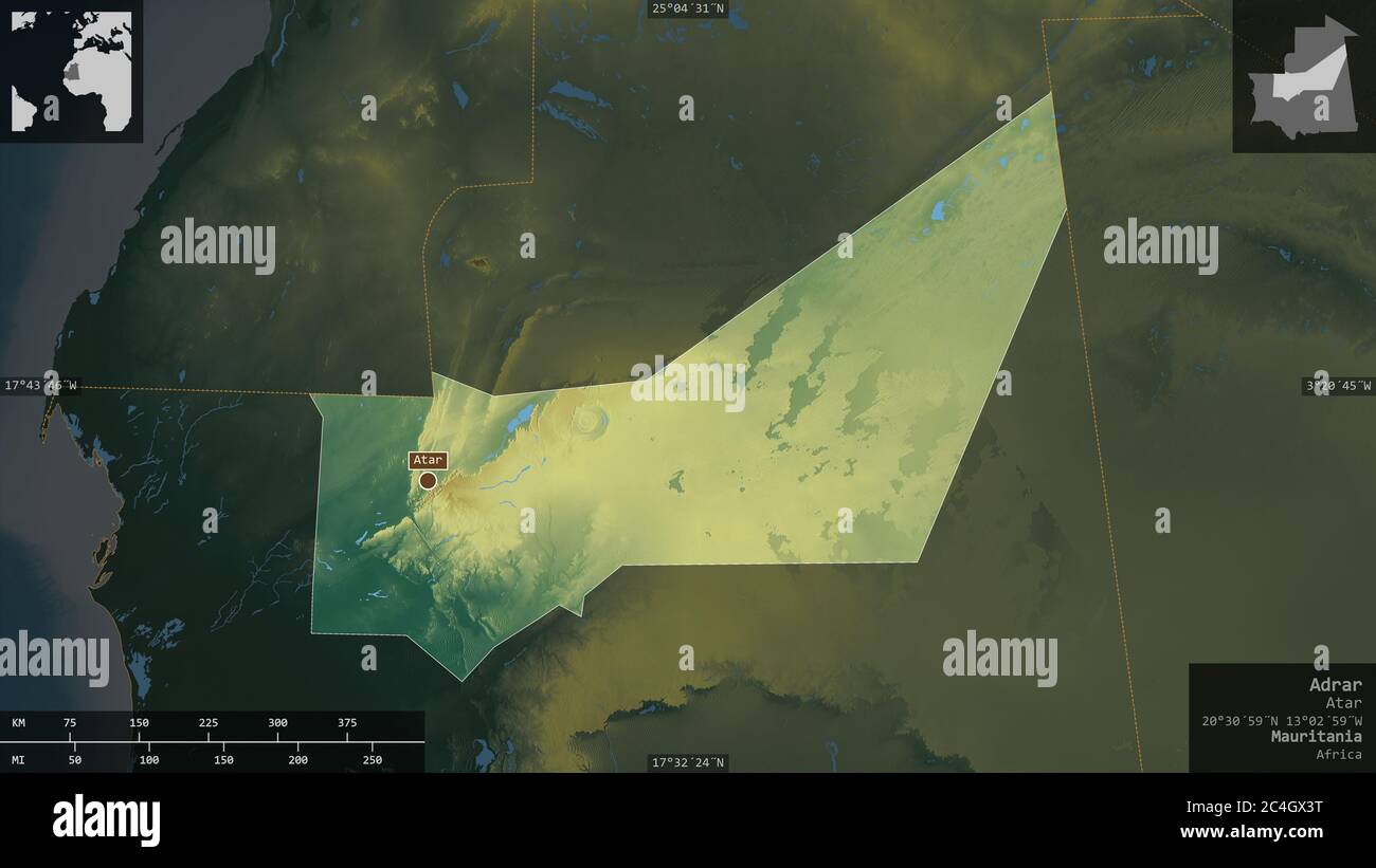 Adrar, region of Mauritania. Colored relief with lakes and rivers ...