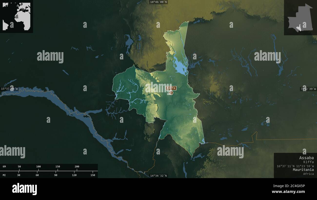 Assaba, region of Mauritania. Colored relief with lakes and rivers ...