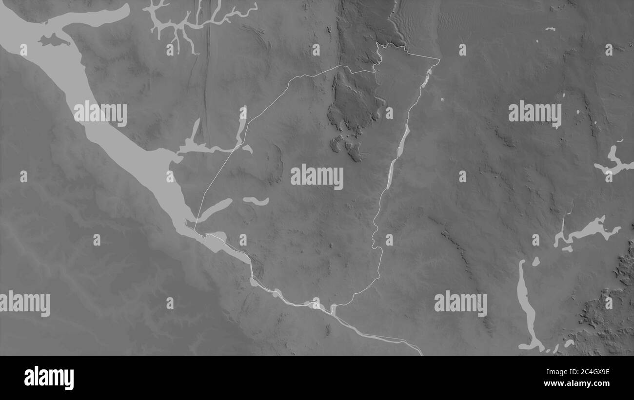 Guidimaka, region of Mauritania. Grayscaled map with lakes and rivers. Shape outlined against ...